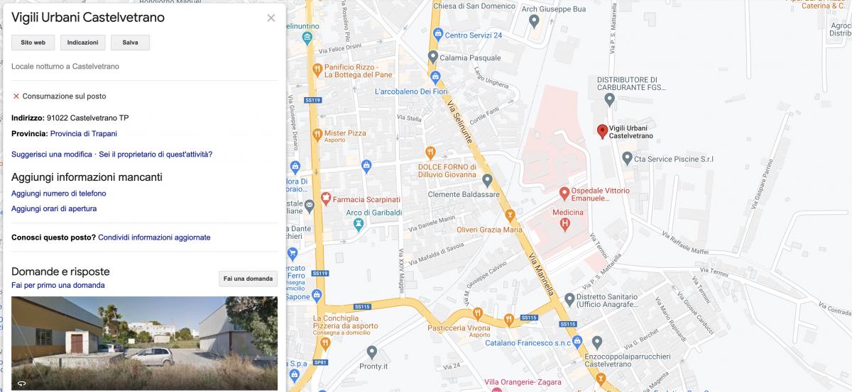 Castelvetrano su Maps, cerchi "locale notturno" trovi Vigili urbani